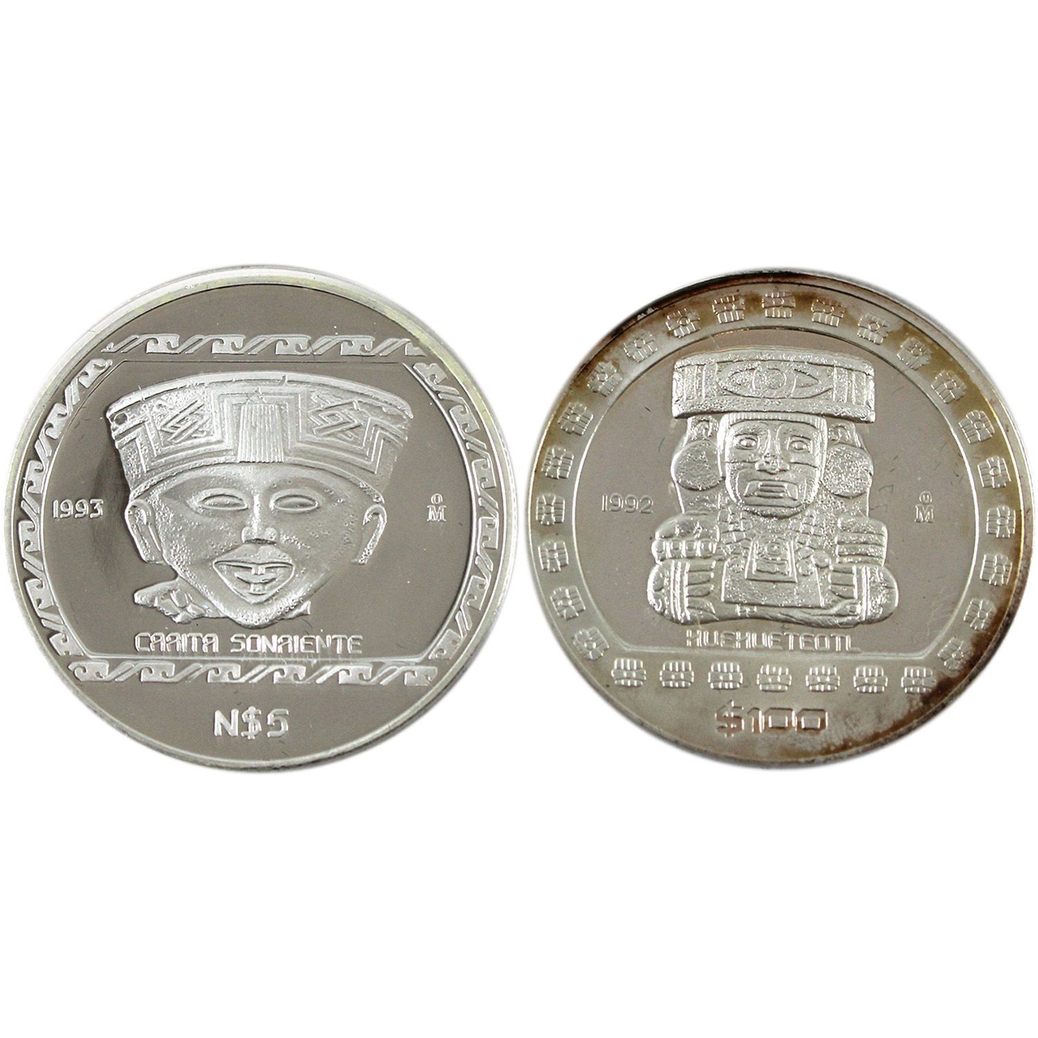 Mexico Silver 1992 100 Pesos & 1993 5 Nuevos Pesos Pre-Columbian Aztec ...