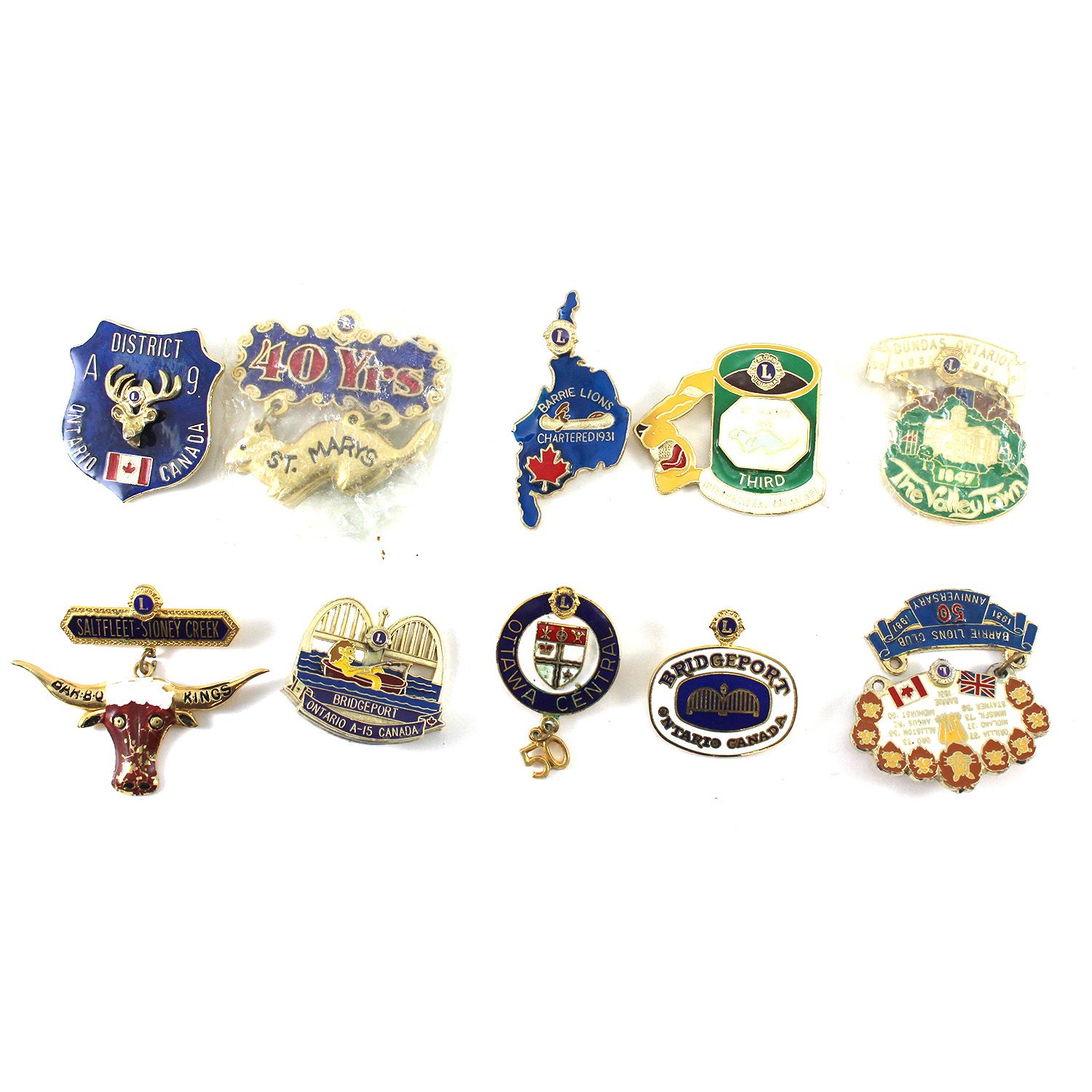Vintage Lions Club Canada-Ontario Assorted Enameled Pins. 10pcs.