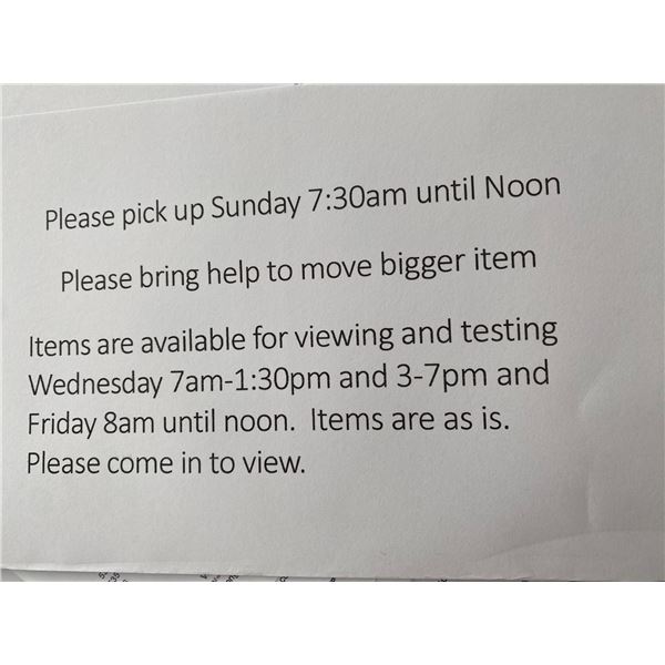 PICK UP Sunday 7:30am until noon