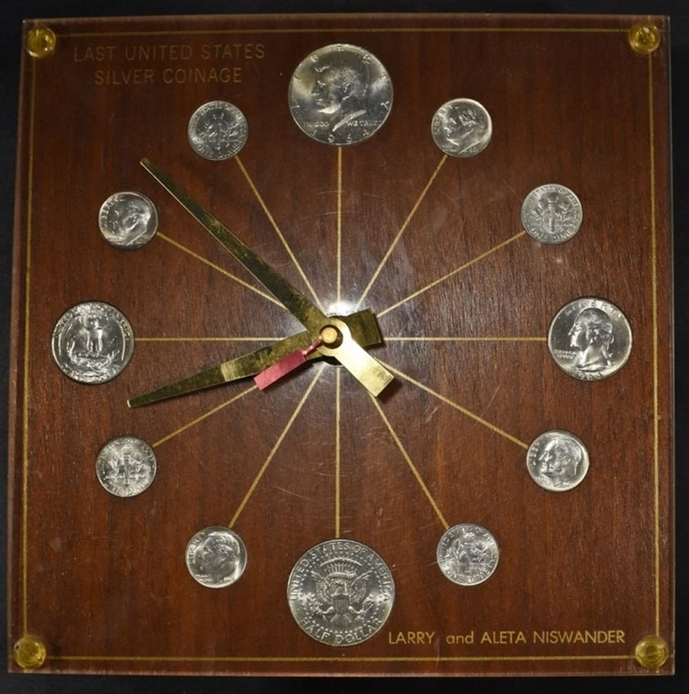 BROWN MARIAN KAY SILVER COIN CLOCK