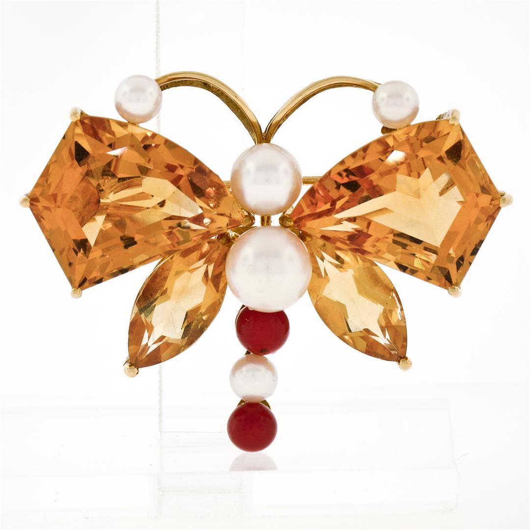 Vintage 18K Gold Marquise & Custom Cut Citrine Pearl Coral Butterfly ...