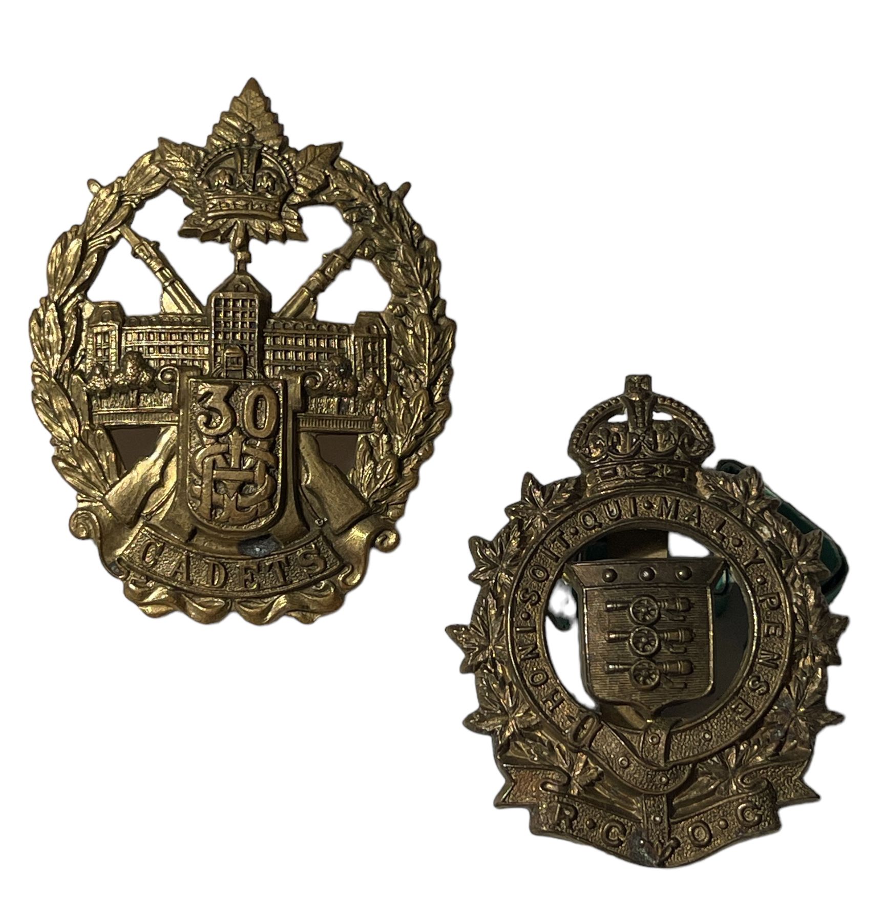 WW2 Royal Canadian Army Ordnance Corps & Mount St Louis Cadet Cap Badge Lot