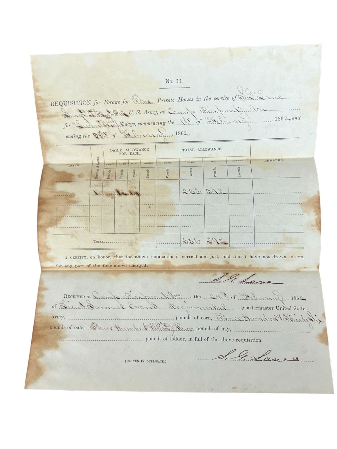 US Civil War 1862 food ration receipt document
