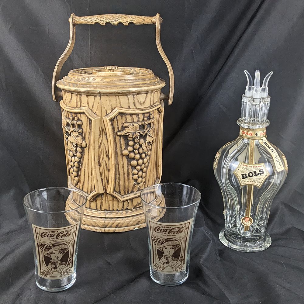 Vintage Ice Bucket, Bols Liquor Bottle & Two Coca-Cola Cups