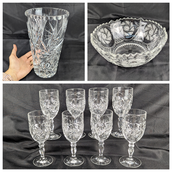 Pinwheel Crystal Vase 8 Pinwheel Crystal Wine Glasses And Crystal Salad Bowl