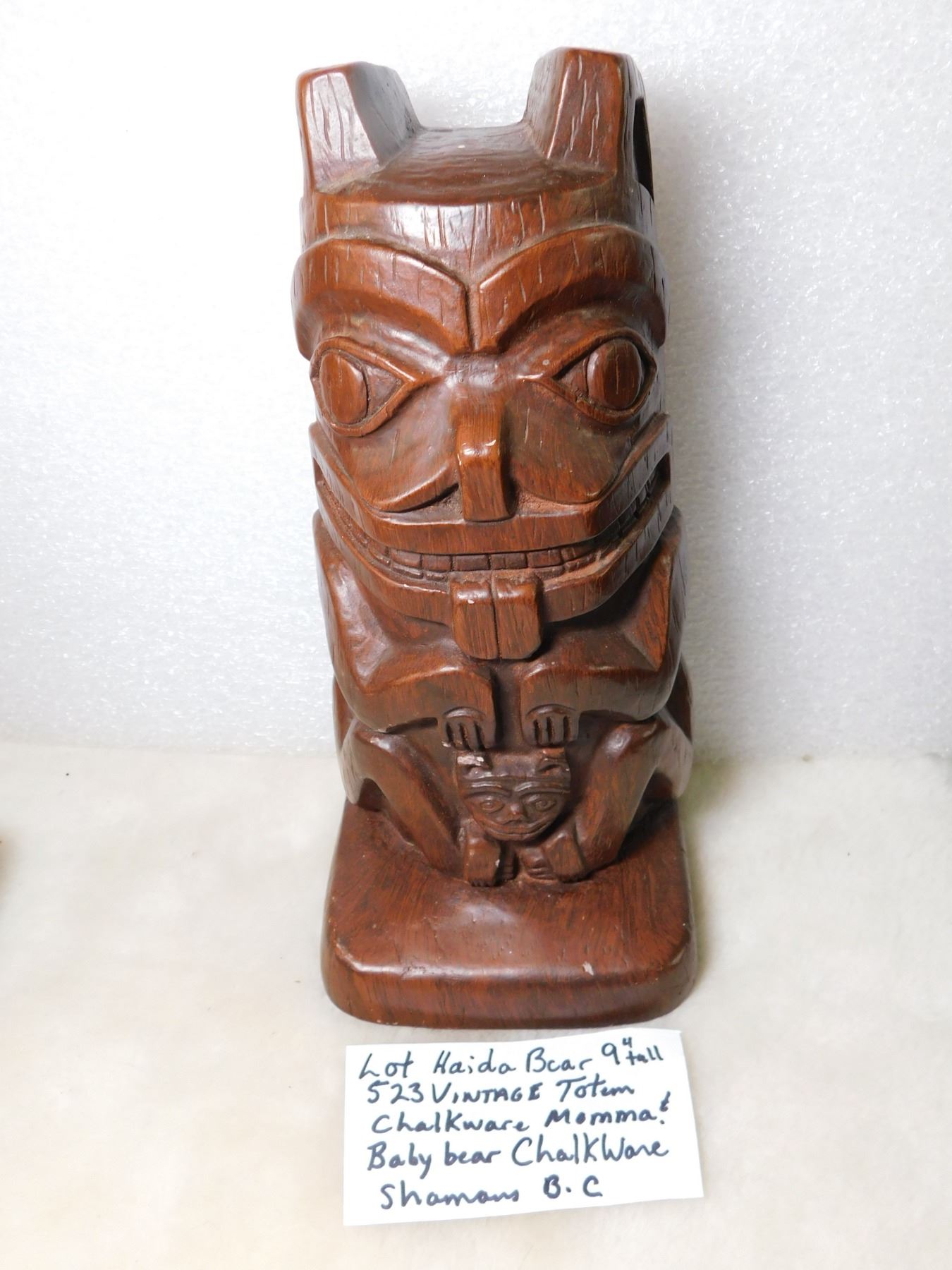 523. 9” tall Haida bear vintage totem chalkware momma and baby Shamans ...
