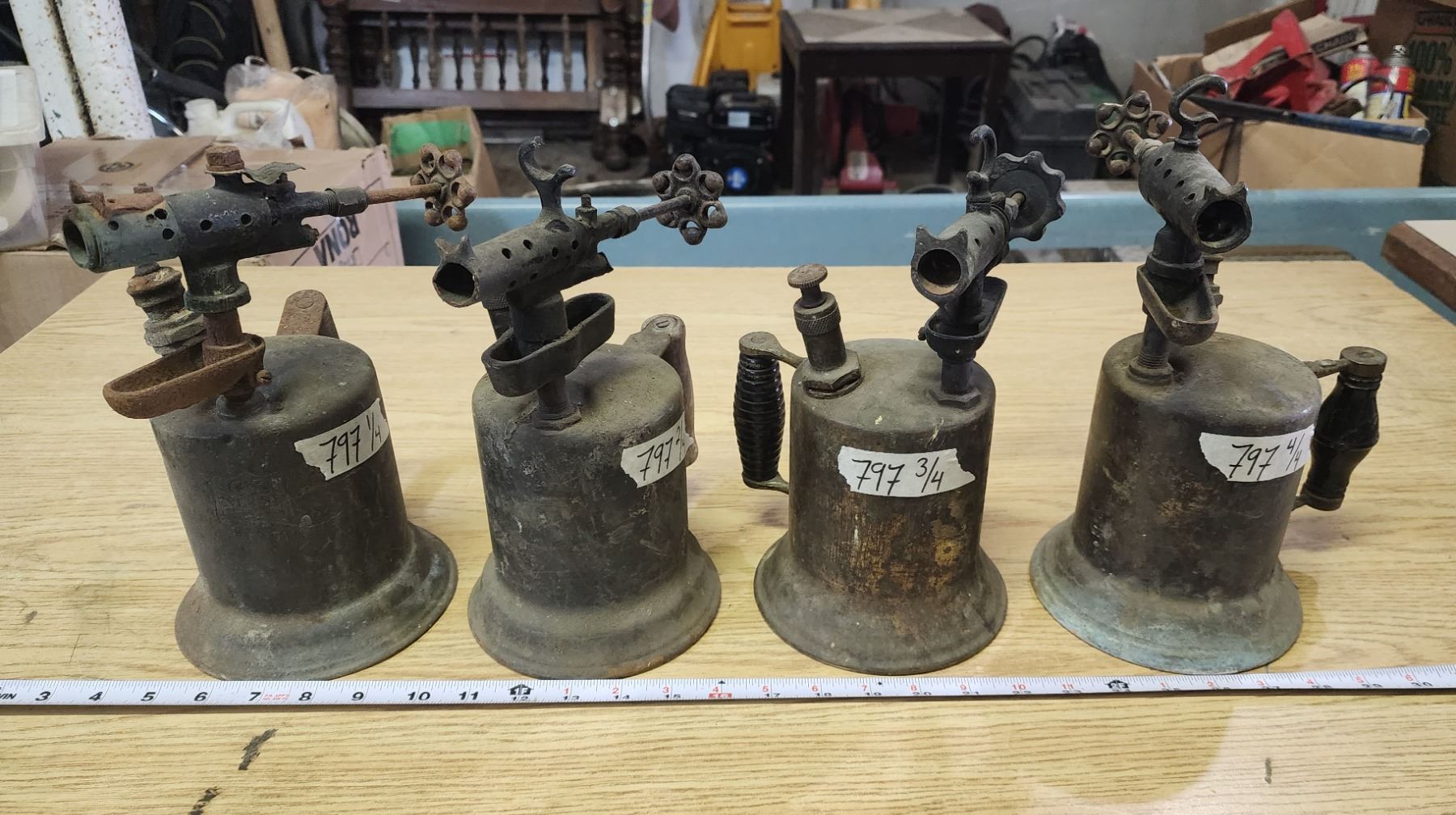 4 Vintage metal blow torches - assorted, mostly brass - Schmalz Auctions