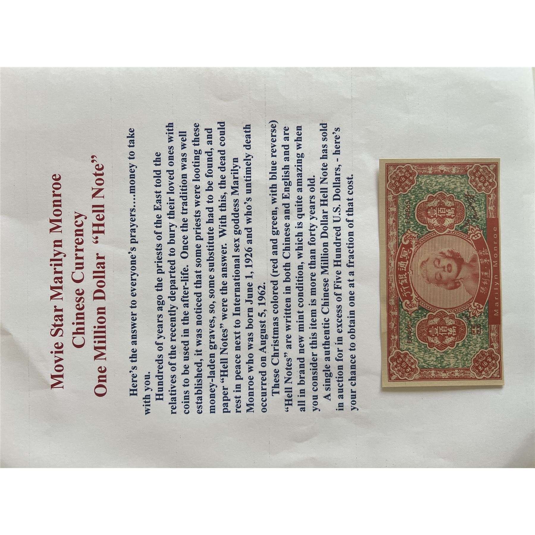 Marilyn Monroe Authentic Chinese Hell Note