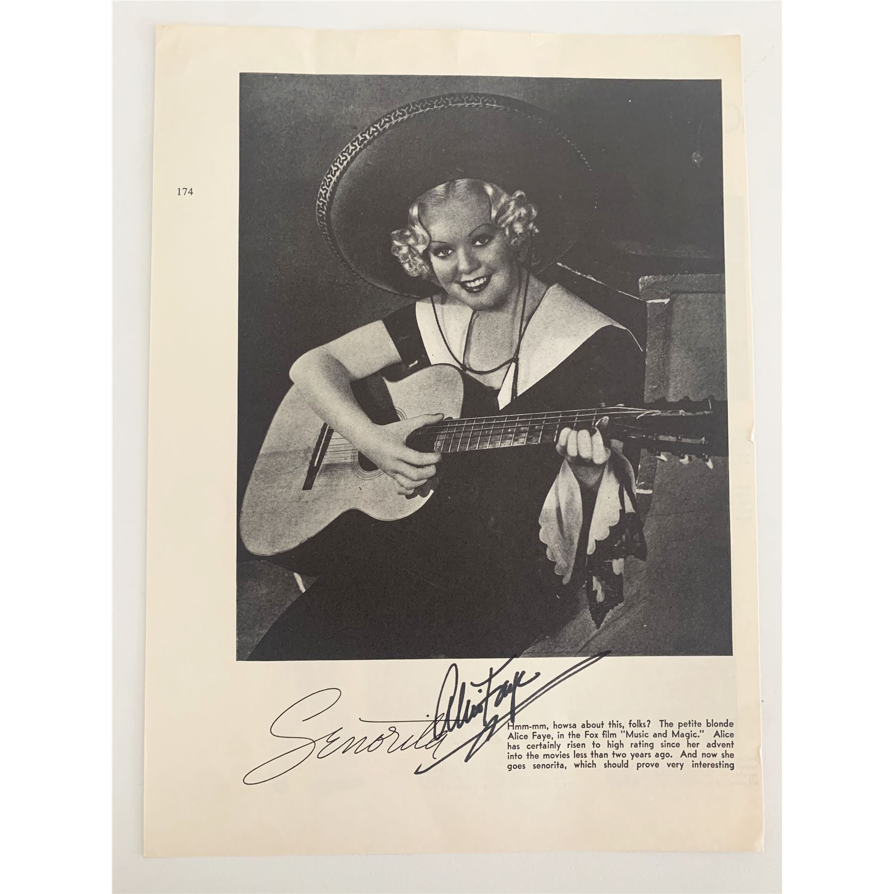 Alice Faye signed magazine page