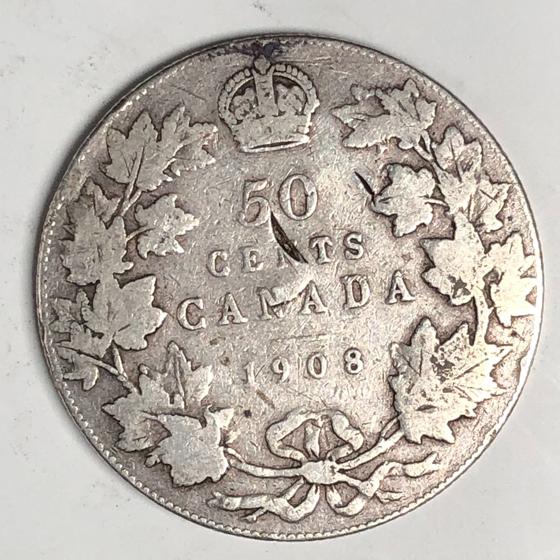 1908 King Edward VII 50 Cents VG+ Chop Marks (Posible Asian Trade Marks)