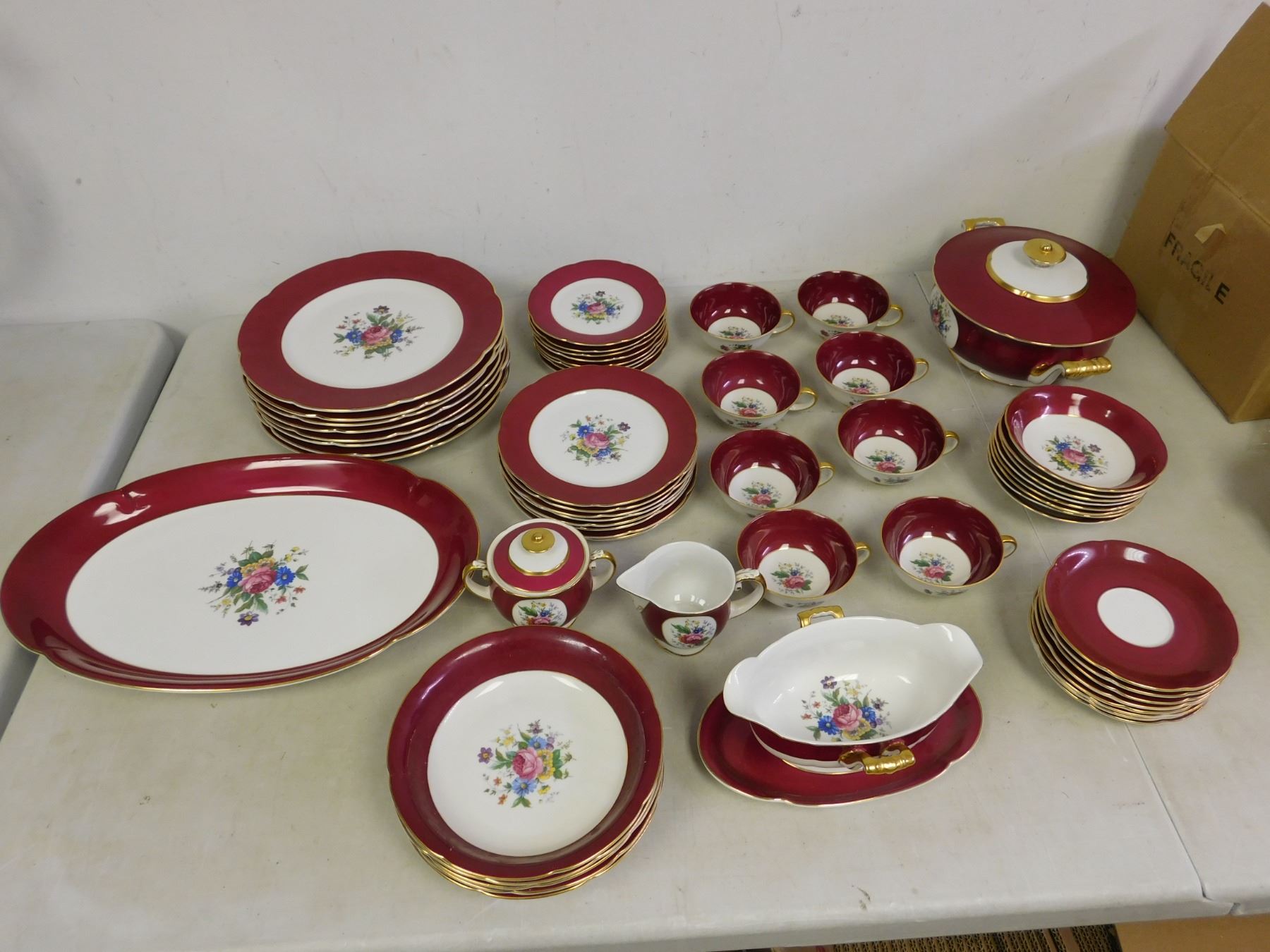 50+ Dish Set Royal Bayreuth Ardalt Burgundy Pattern Fine Bone China England