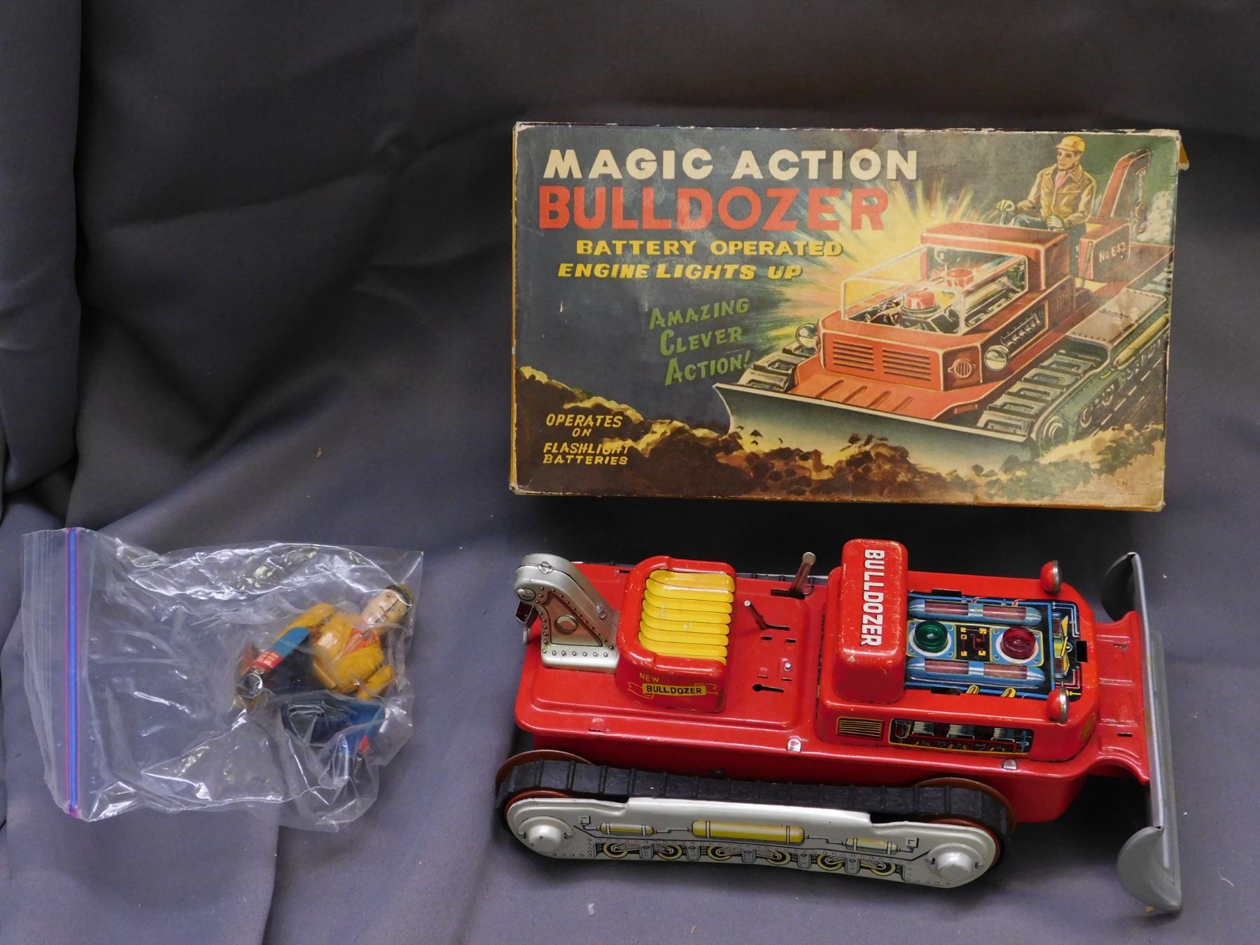 Magic Action Bulldozer Battery Operated Tin Toy Japan With Box