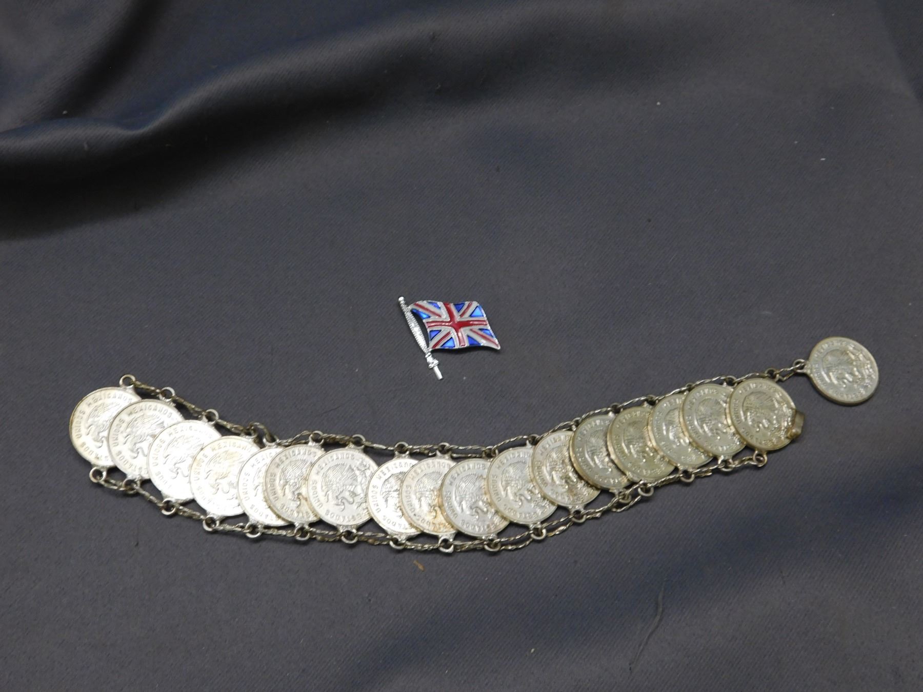 Lot of Coro Sterling Union Jack Pin, 1960s Mexico Pesos Coin Bracelet