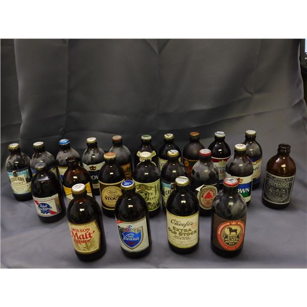 Lot of 22 Vintage Stubby Beer Bottles *most full*