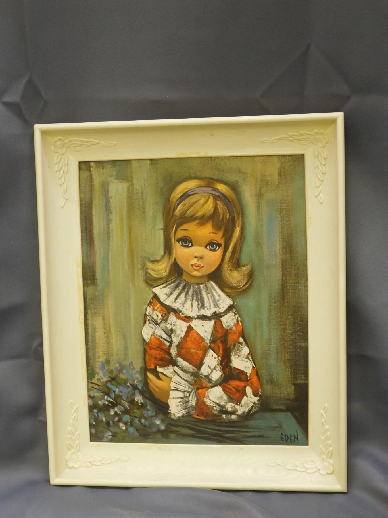 Art Textured Print Big Eyes Eden Girl in Diamond Clown Outfit