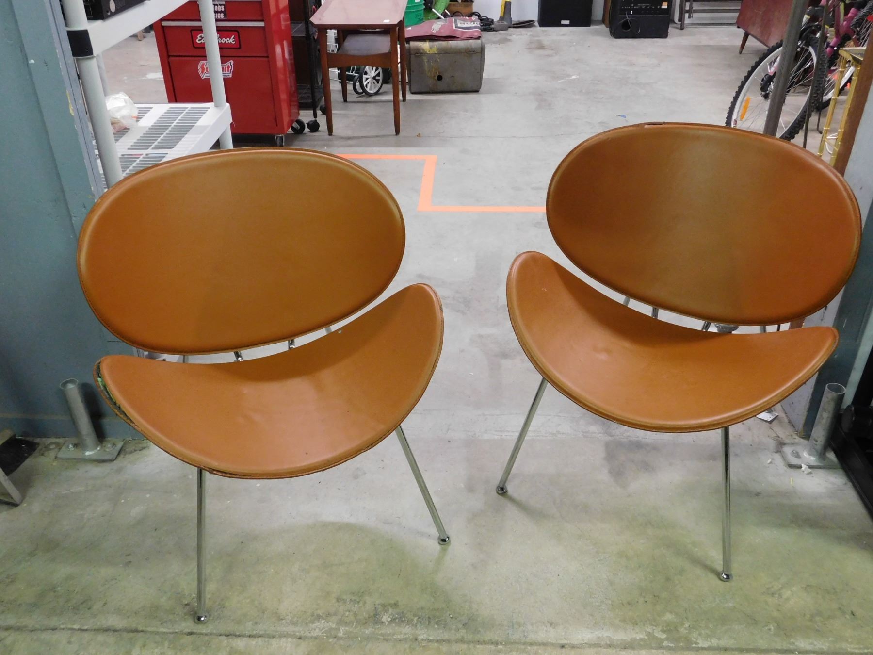 Pair of Vinyl Mid Century Modern Chairs Chrome Legs Clamshell / Orange ...