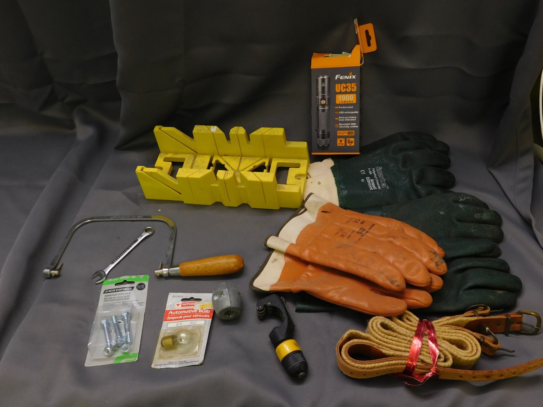 Mitre Box, Hack Saw, Flashlight Mag Light, Work Gloves , Cutter Tool, Misc