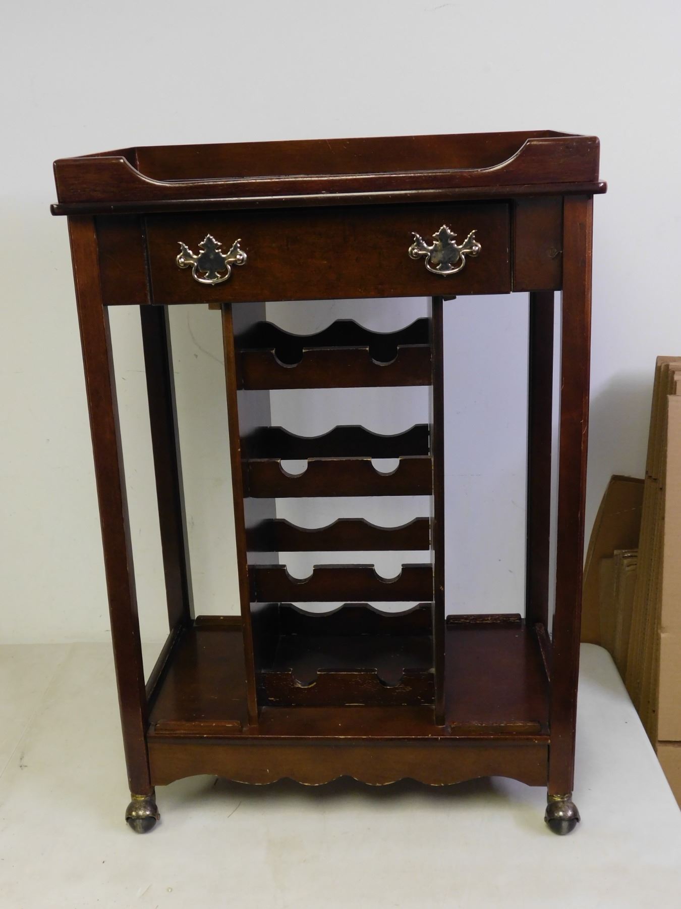 Wooden Rolling Bar Cart Ornate Drawer Pulls 8 Bottle Slots