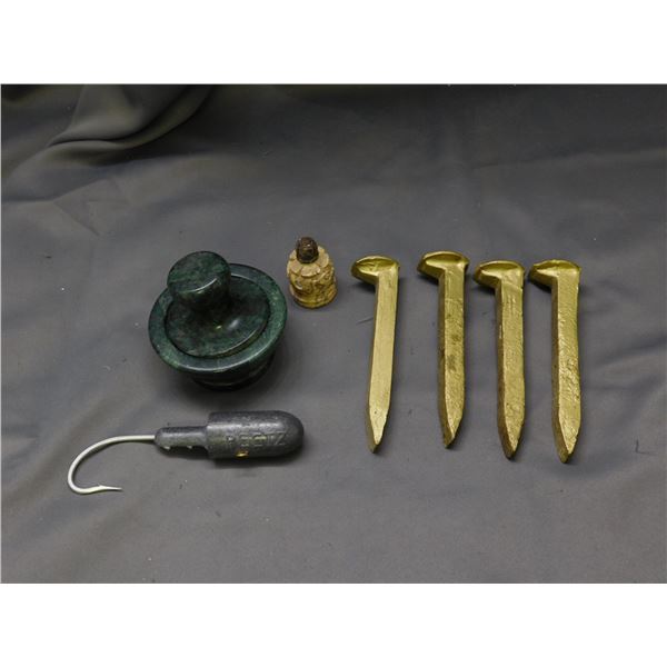 Lot of Weighted Fish Hook, Railway Spikes, Pipe, Mortar