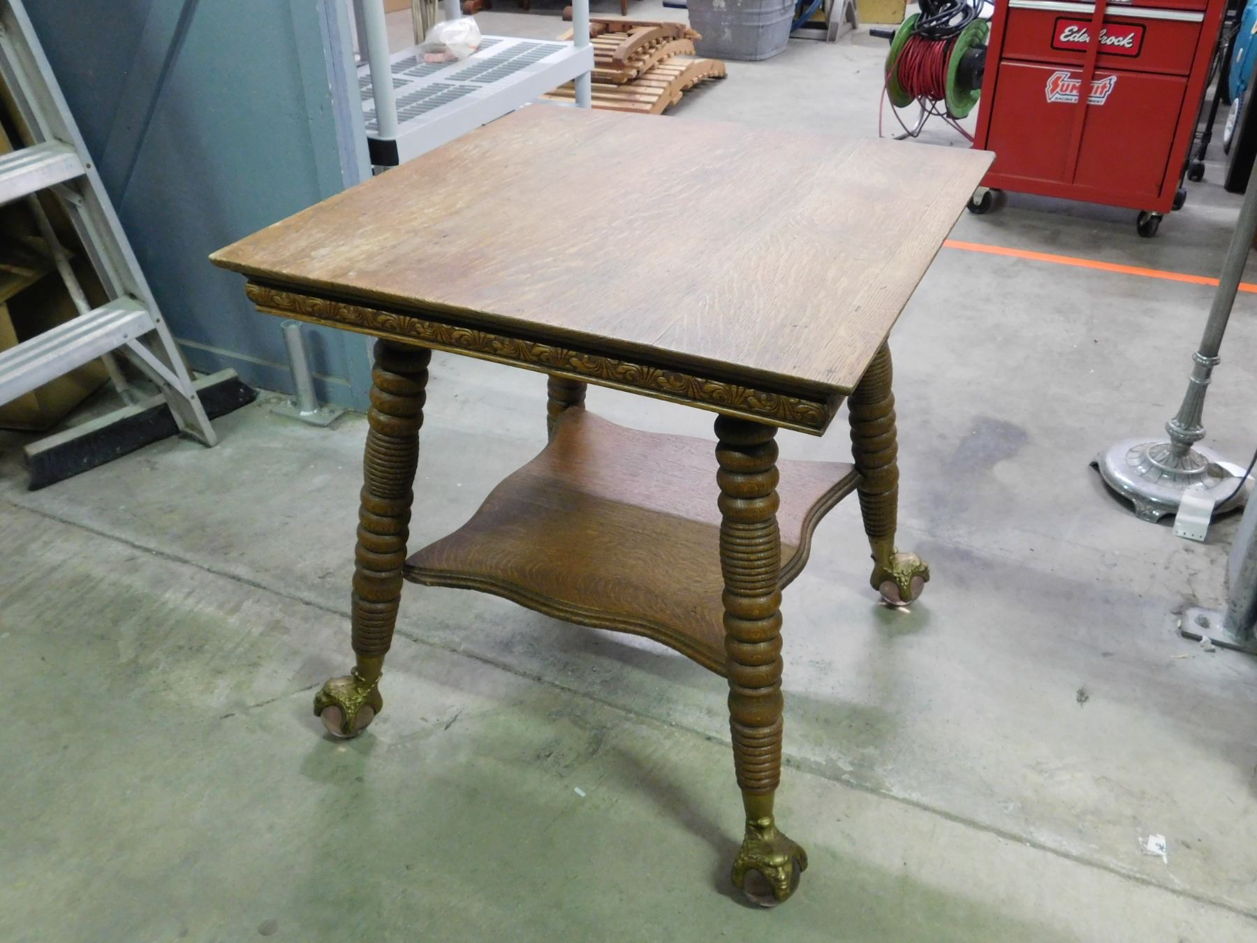 Rare Antique Tiger Oak Table 28" x 28" x 28" Turned Legs, Devils Face ...