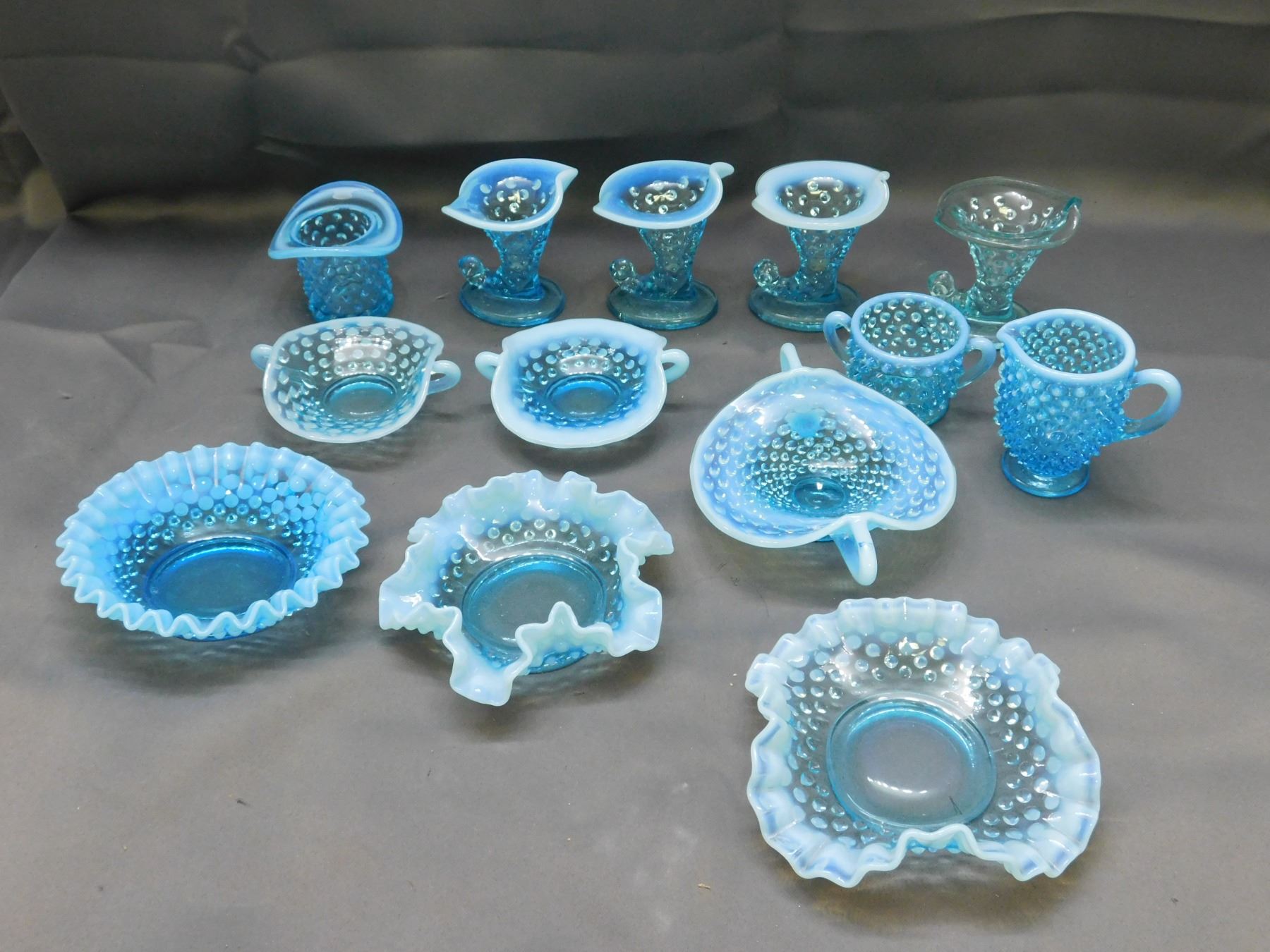 Lot of 13 Hobnail Blue Opalescent Glassware Collection