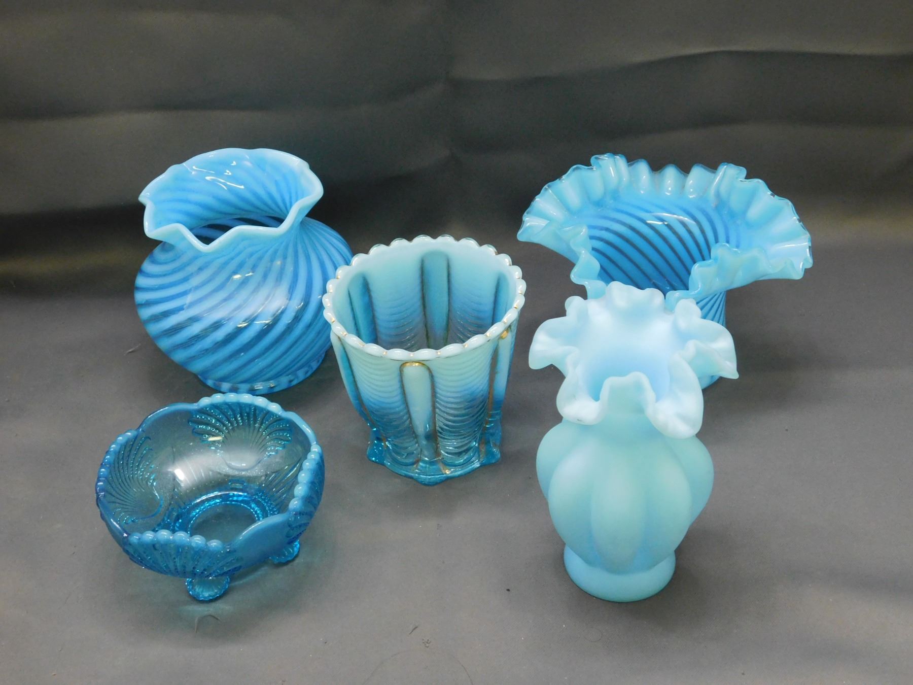 Lot of Blue Opalescent Swirl Glass, Ruffle Rim