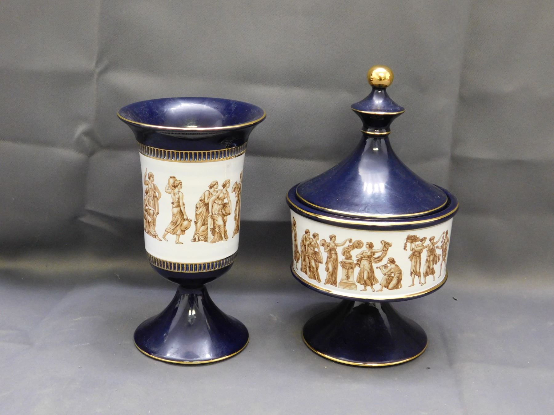Pair of Navy Blue Greek Pottery Candy Dish Bowl / Urn and Spyropoulos ...