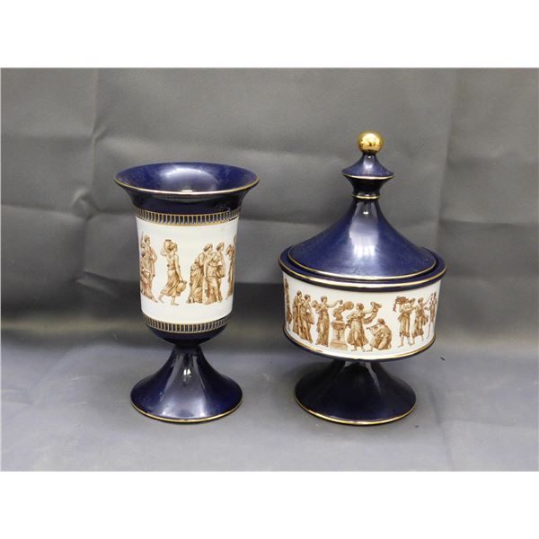 Pair of Navy Blue Greek Pottery Candy Dish Bowl / Urn and Spyropoulos ...
