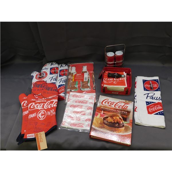 Lot of Assorted Coca Cola Merchandise Napkins, Holder, Oven Mitts, Salt ...