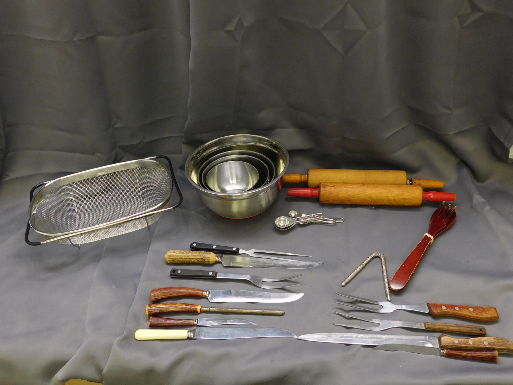 Misc Vintage Kitchen Utensils Carving Set, Salad Fork/Spoon, Strainer ...