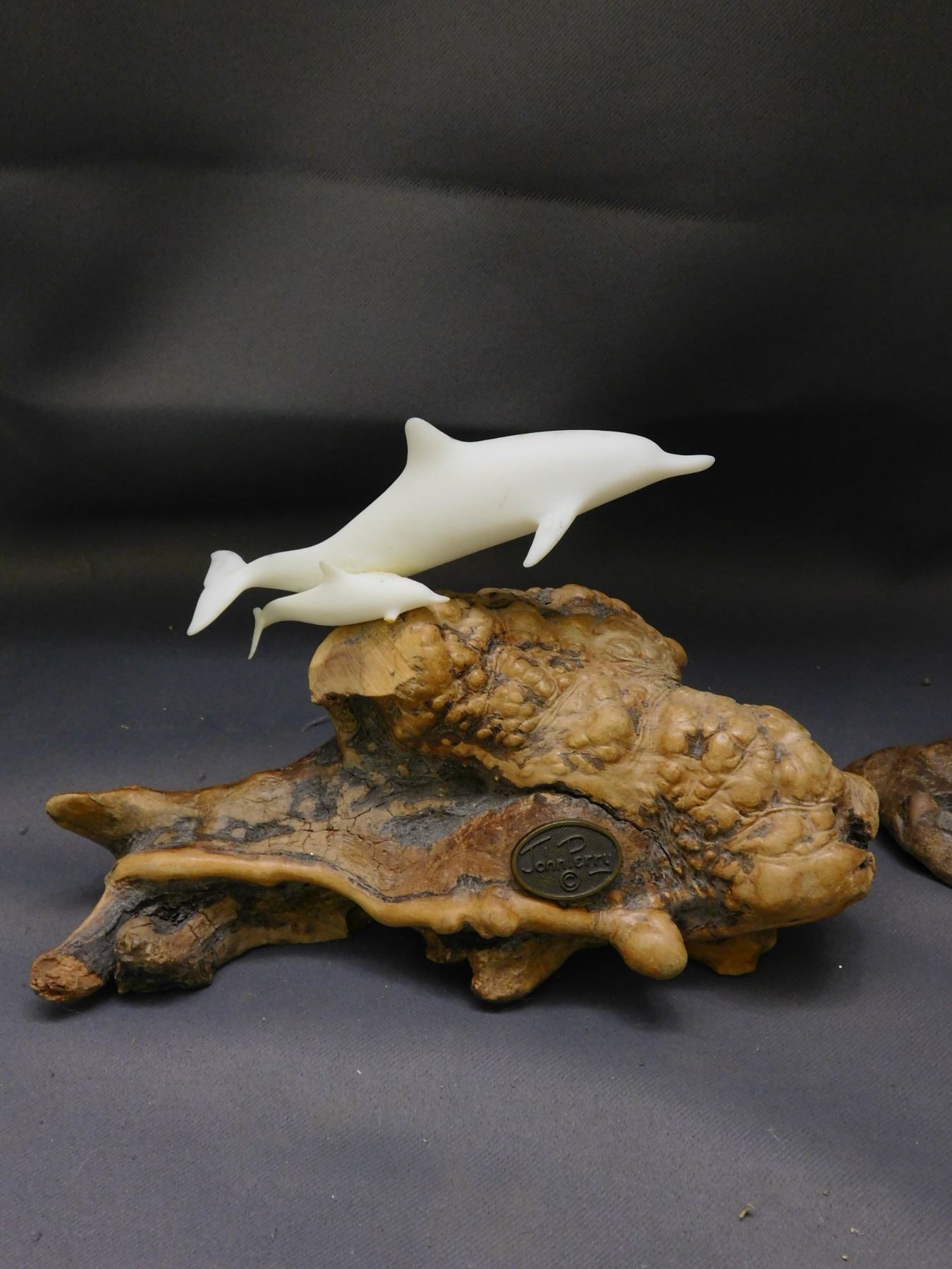 Lot of 2 John Perry Studios INC Dolphin Sculptures on Driftwood
