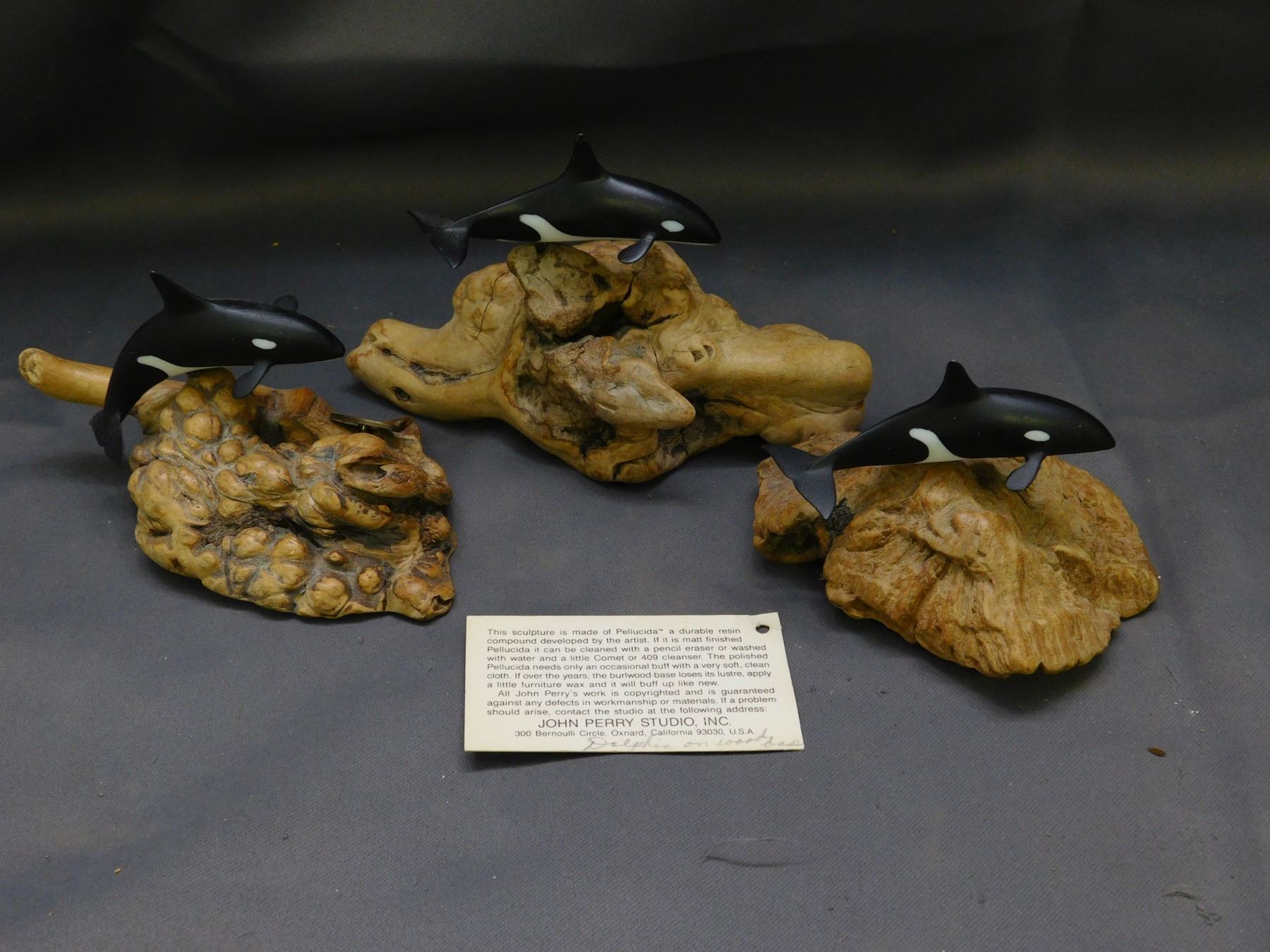 Lot of 3 John Perry Studios INC Killer Whale Orca Sculptures on Driftwood