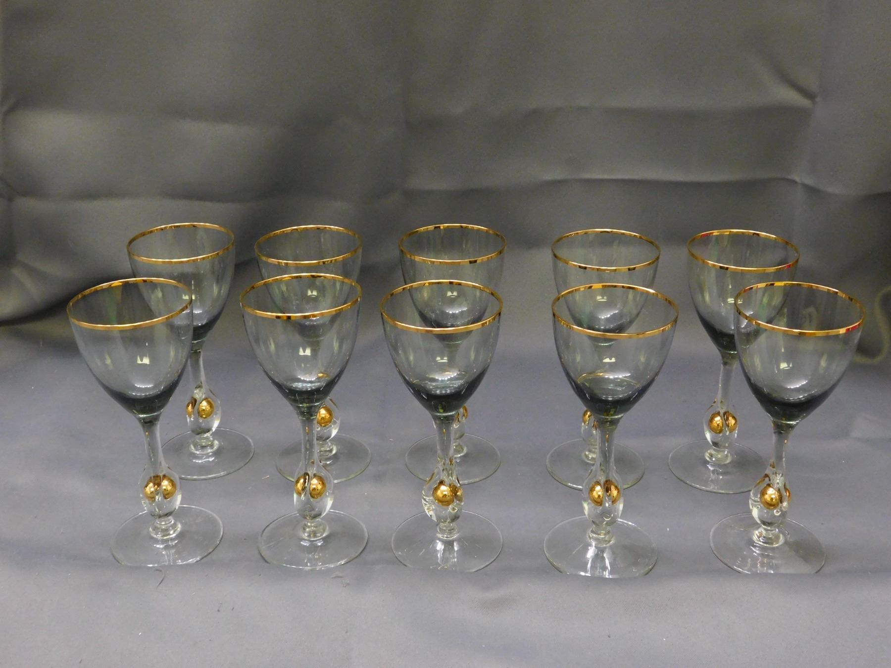 Lot of 10 Smokey Glass Gold Rim and Stem Accent Wine Glasses Czechoslovakia