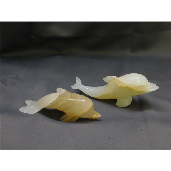 Pair of Marble Stone Dolphin Sculptures