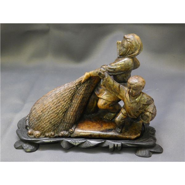 Chinese Carved Hardstone Pair Pulling Fish Net Sculpture on Carved ...