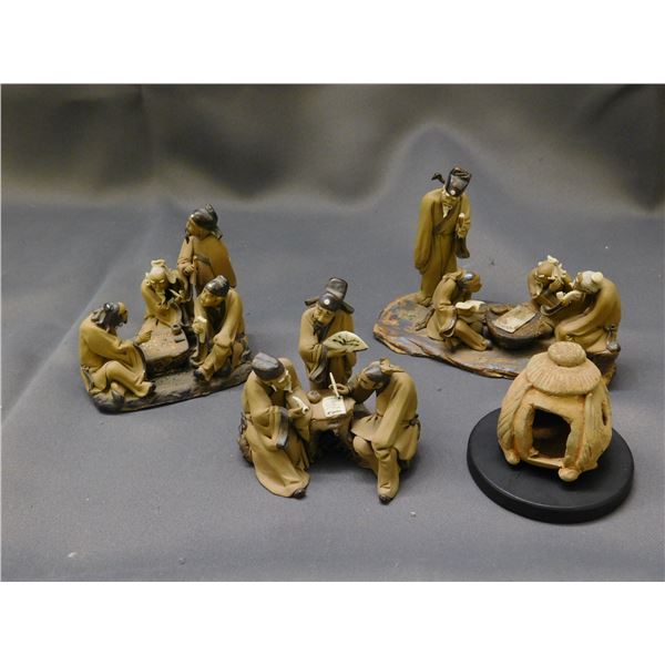 Lot of 4 Chinese Mud Men Figurines and Hut Sculpture Decor