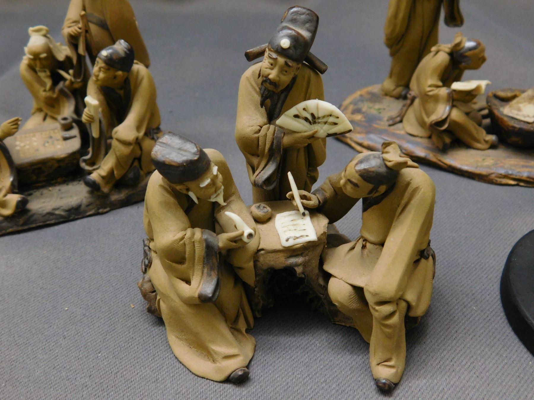 Lot of 4 Chinese Mud Men Figurines and Hut Sculpture Decor