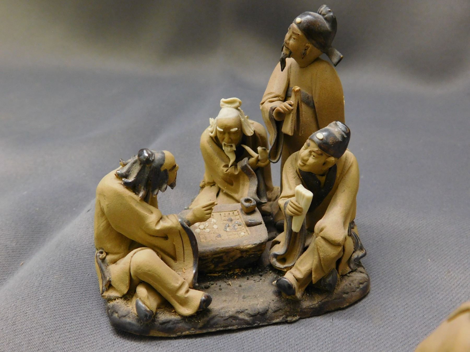 Lot of 4 Chinese Mud Men Figurines and Hut Sculpture Decor