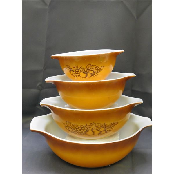 Lot of 4 Pyrex Cinderella Mixing Bowls Brown "Old Orchard"