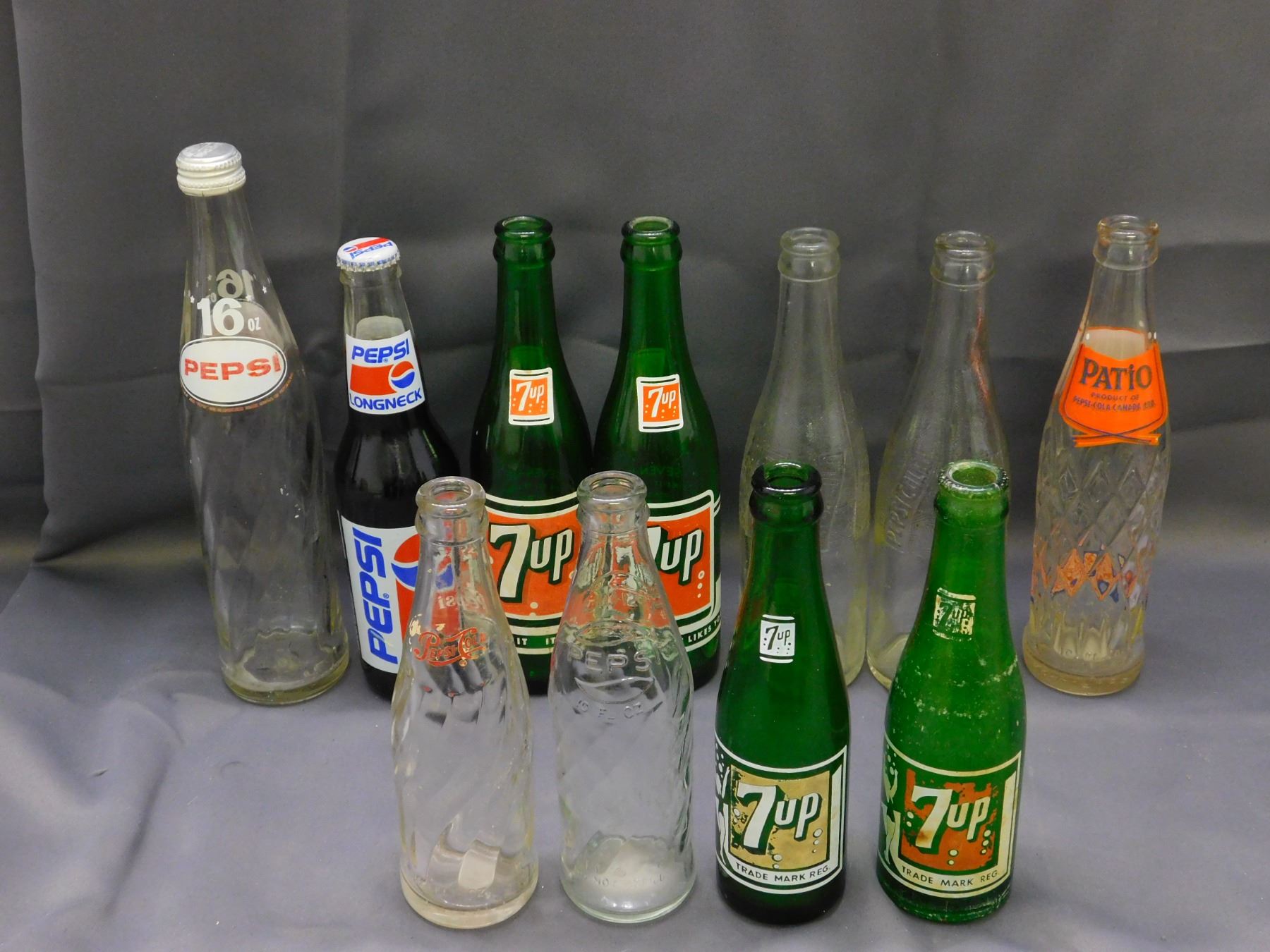 Lot of 11 Vintage Antique Glass Bottles Pepsi-Cola, Pepsi, Patio, 7-Up