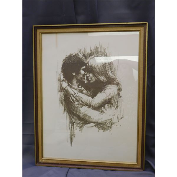 Vintage Famous "hugging" Leo Jansen Chalk Pastel Framed Art Print