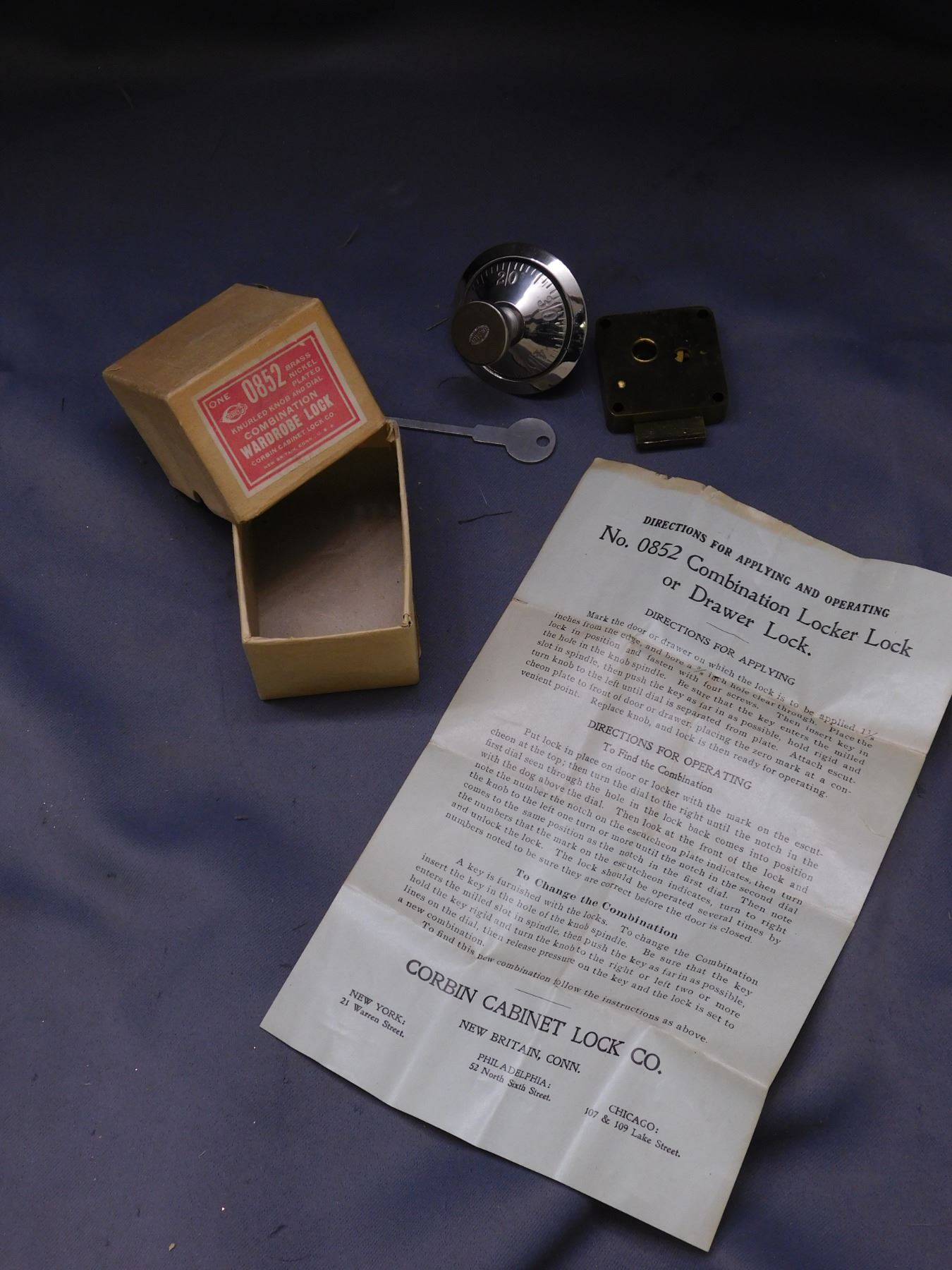 Vintage Corbin Cabinet Lock Co 0852 Combination Wardrobe Lock with box