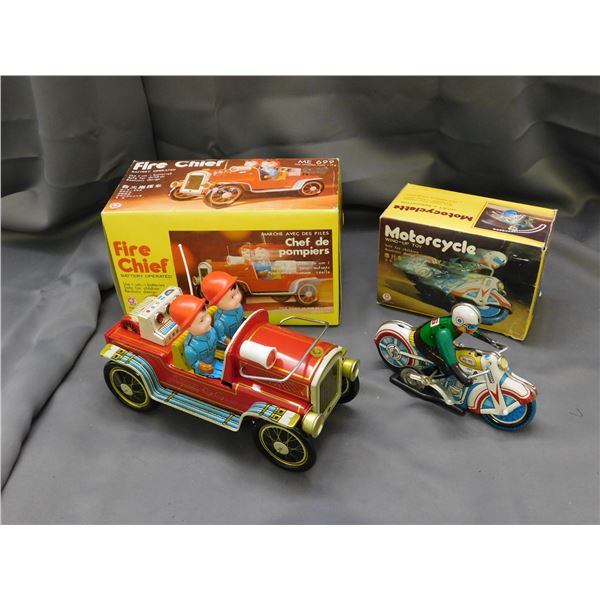 Lot of 2 Vintage Tin Toys Fire Chief ME 699 and Motorcycle Wind Up Japanese
