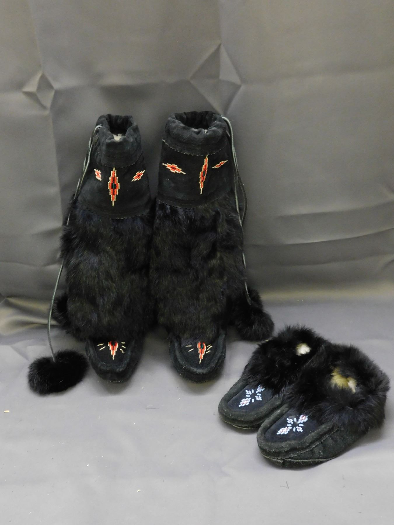 Black Leather, Rabbit Fur and Sheepskin Mukluks Marked 4 Red Beads and ...