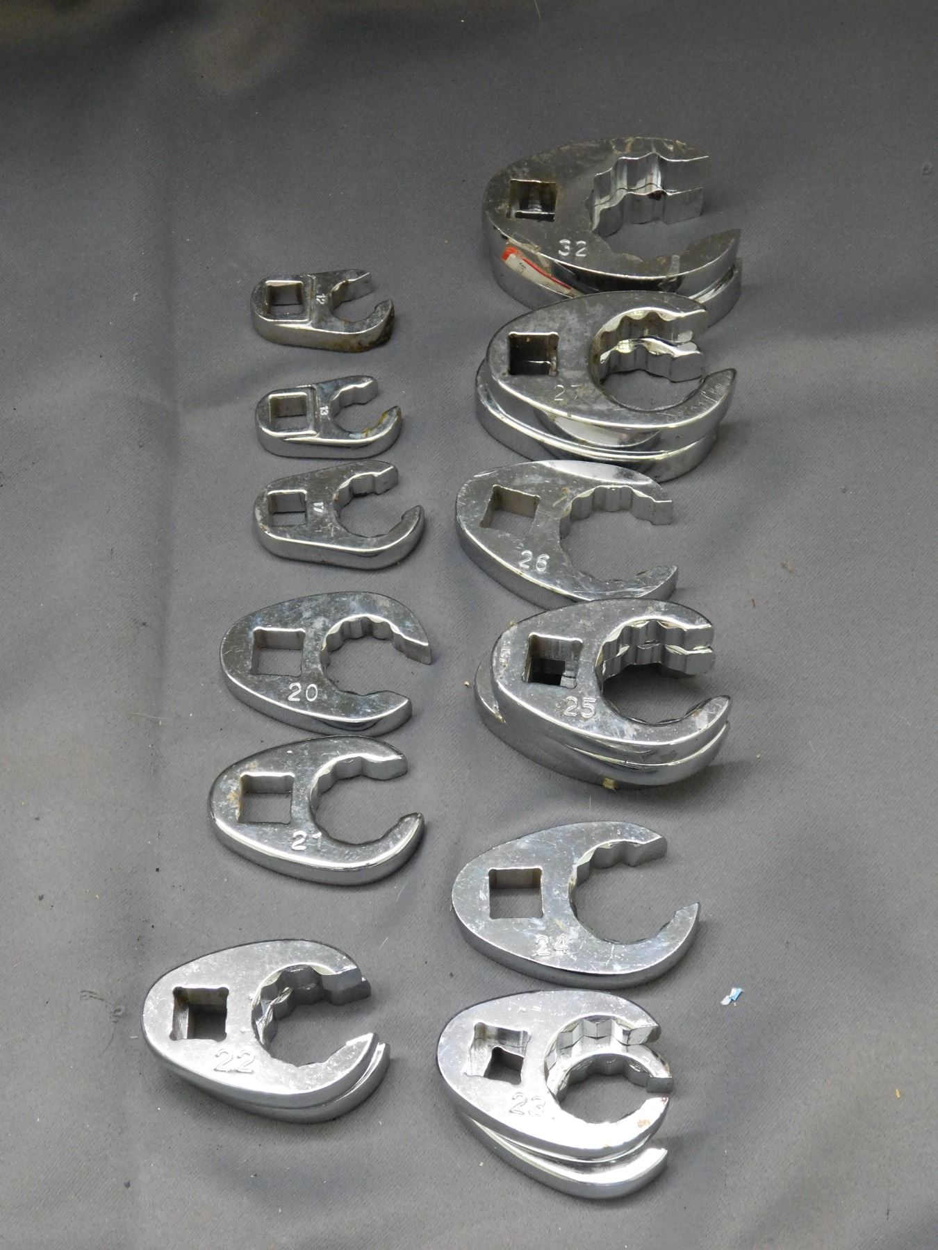 Lot of 18 Flare Nut Crow Foot Wrenches Measuring from 12mm to 32mm