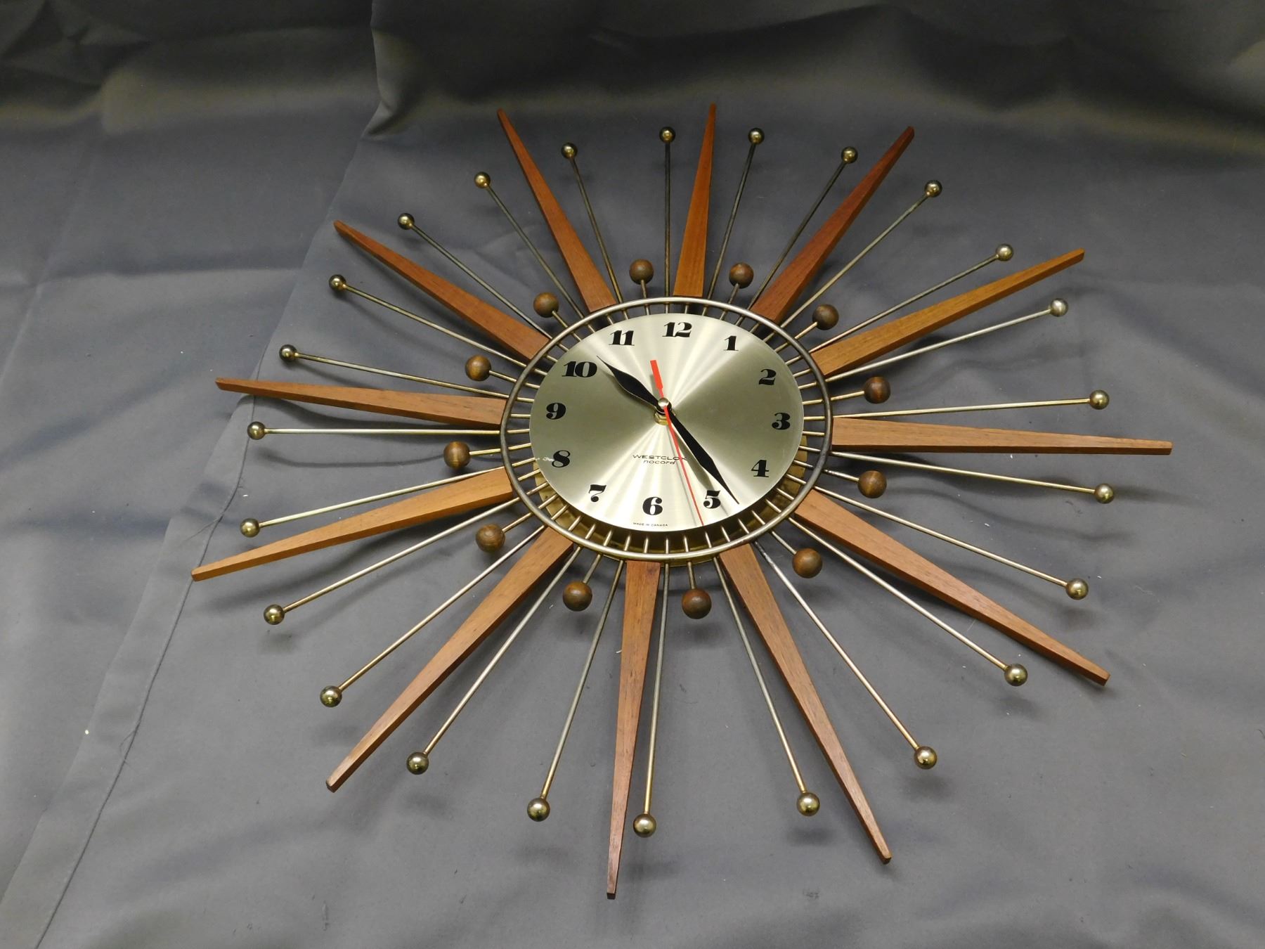 Vintage MCM Westclox Brass and Teak Starburst Vintage Wall Clock