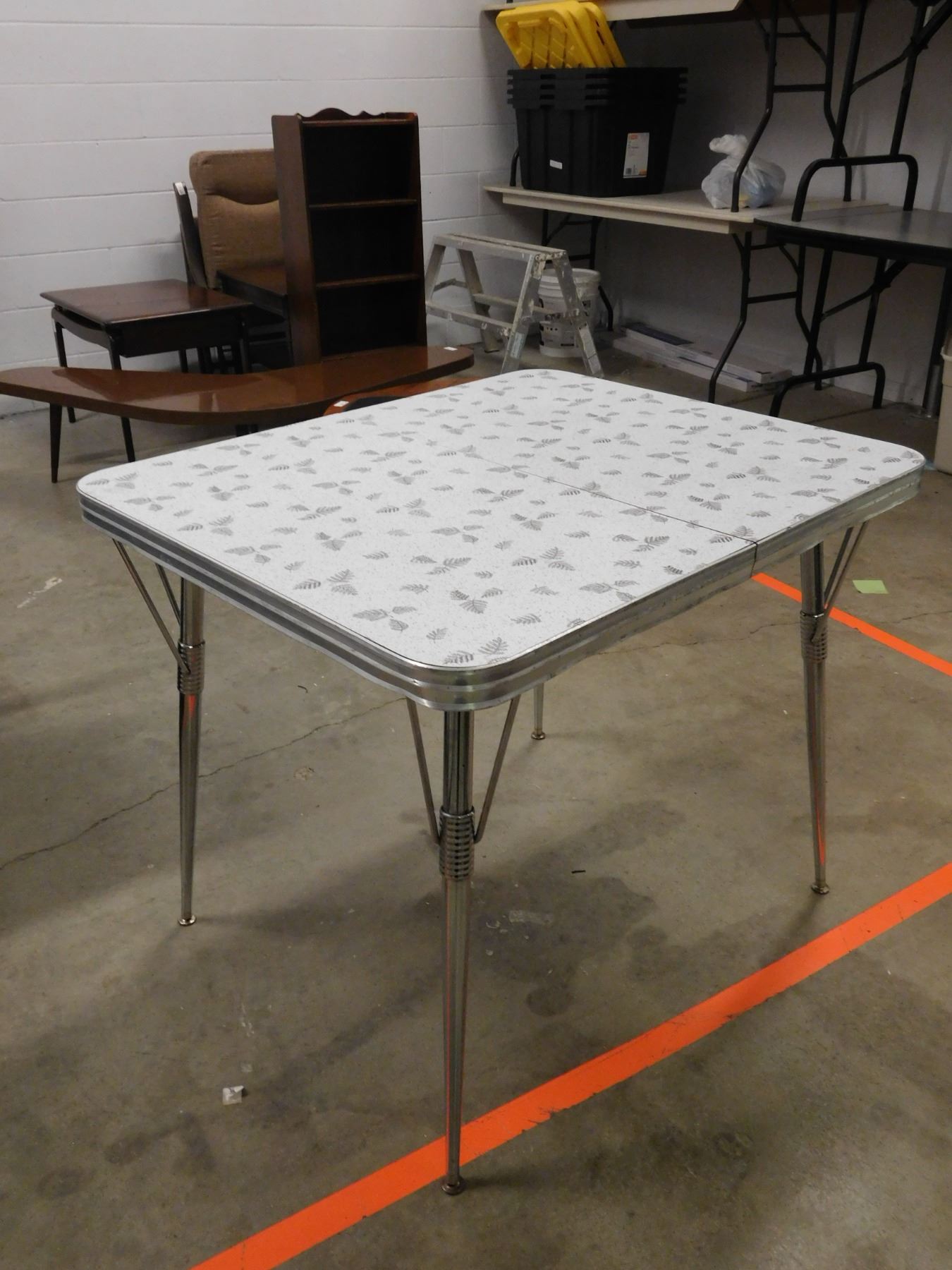 Mid Century Chrome Legged Kitchen Table with Arborite Top, Pull Out Leaf