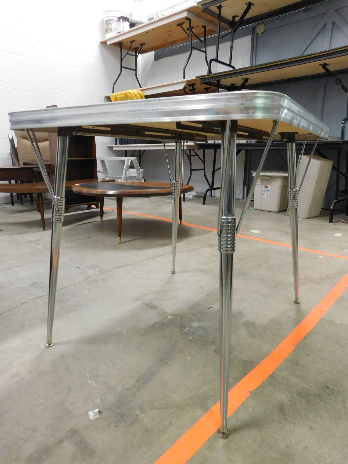 Mid Century Chrome Legged Kitchen Table with Arborite Top, Pull Out Leaf