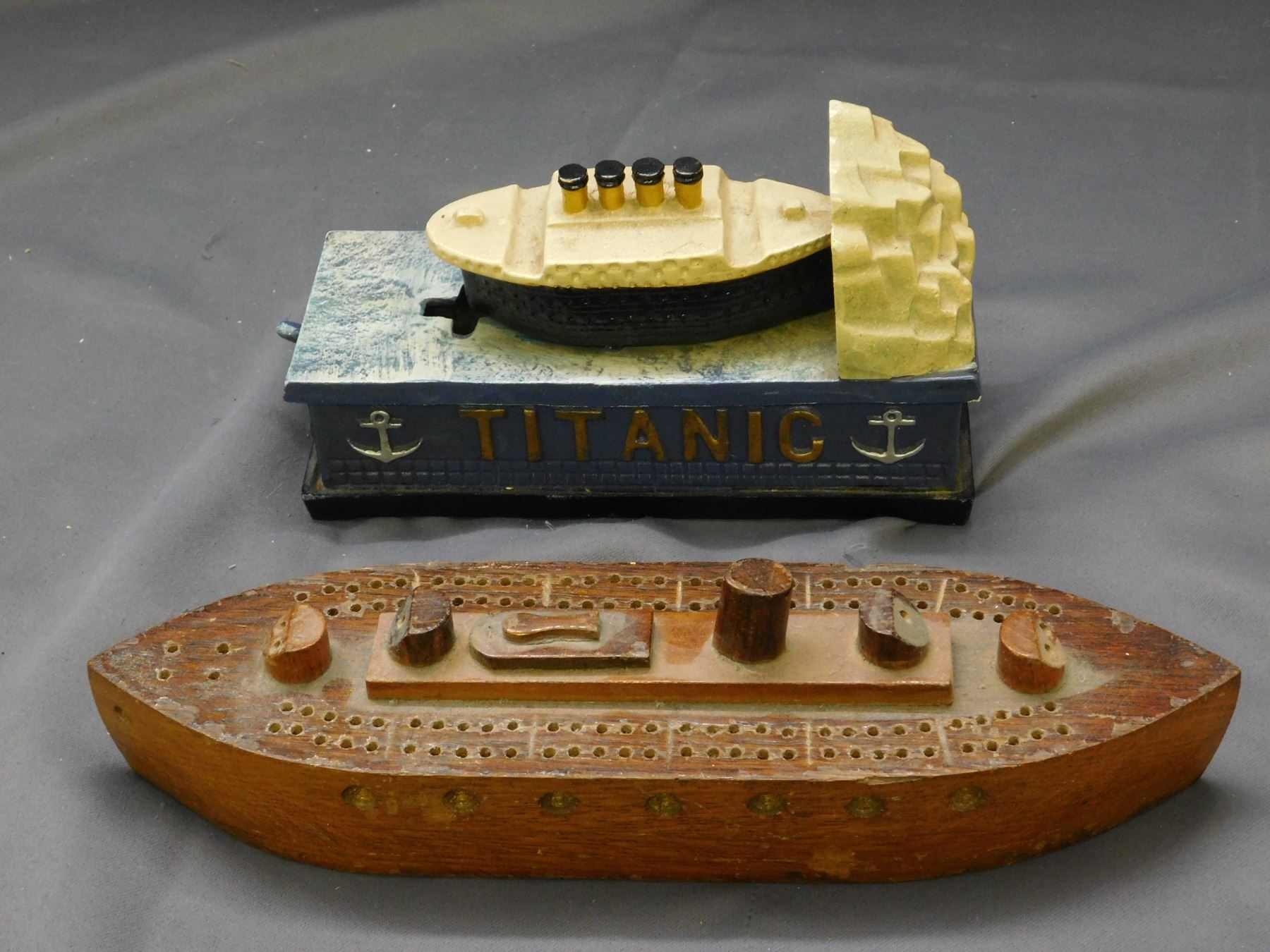 Titanic Cast Iron Bank and Wooden Ship Cribbage Board