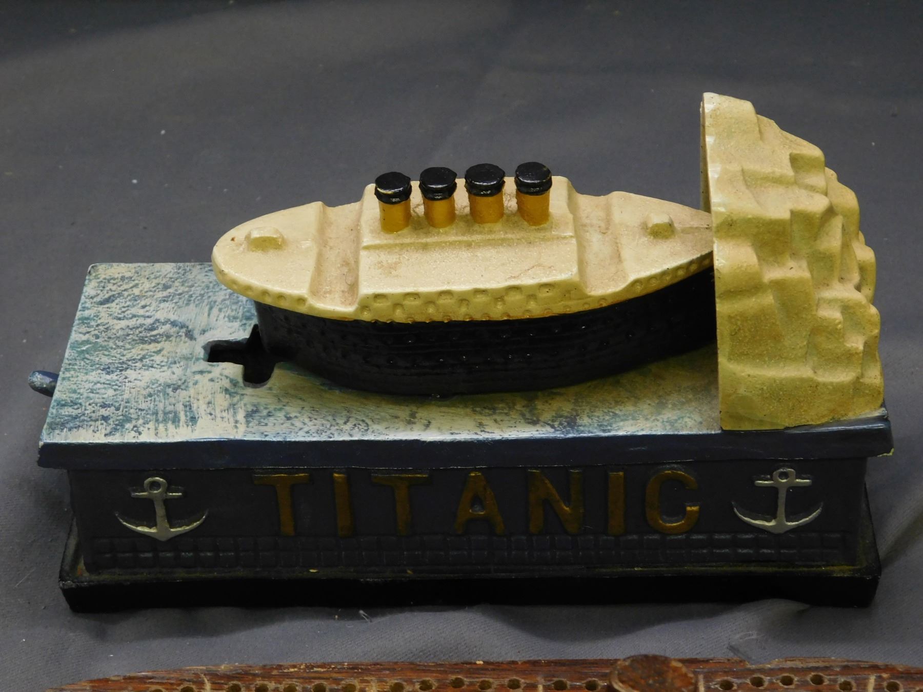 Titanic Cast Iron Bank and Wooden Ship Cribbage Board